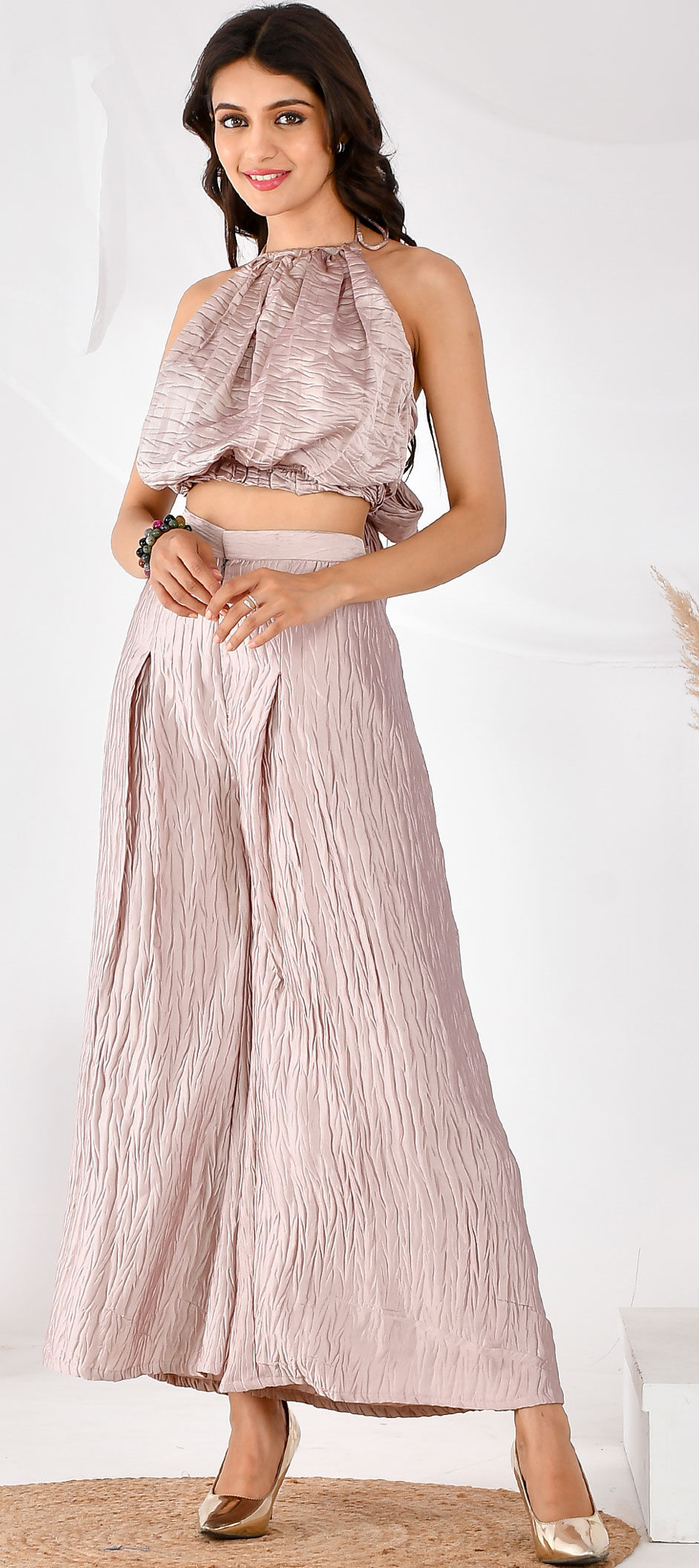 Party Wear, Summer Silver color Satin Silk fabric Co-ords Set : 1882714