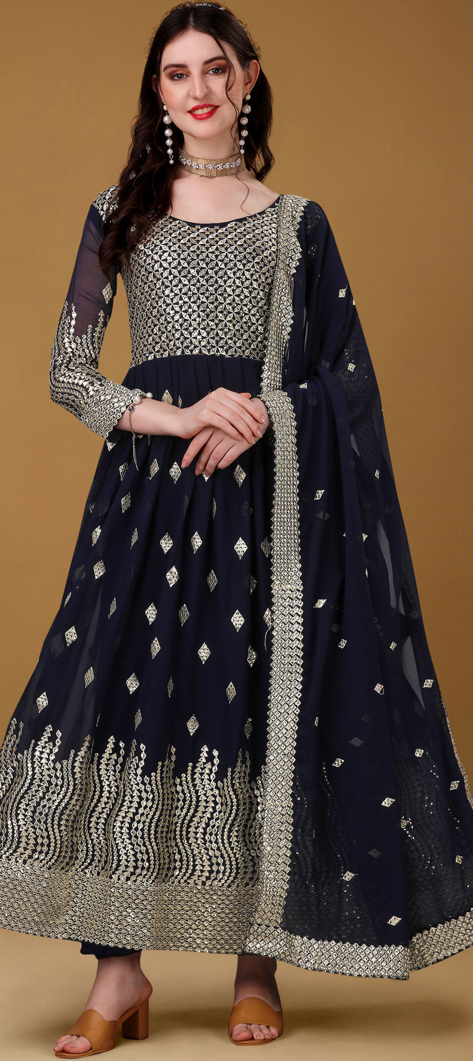 Festive, Party Wear Blue color Cotton, Georgette fabric Gown : 1884274