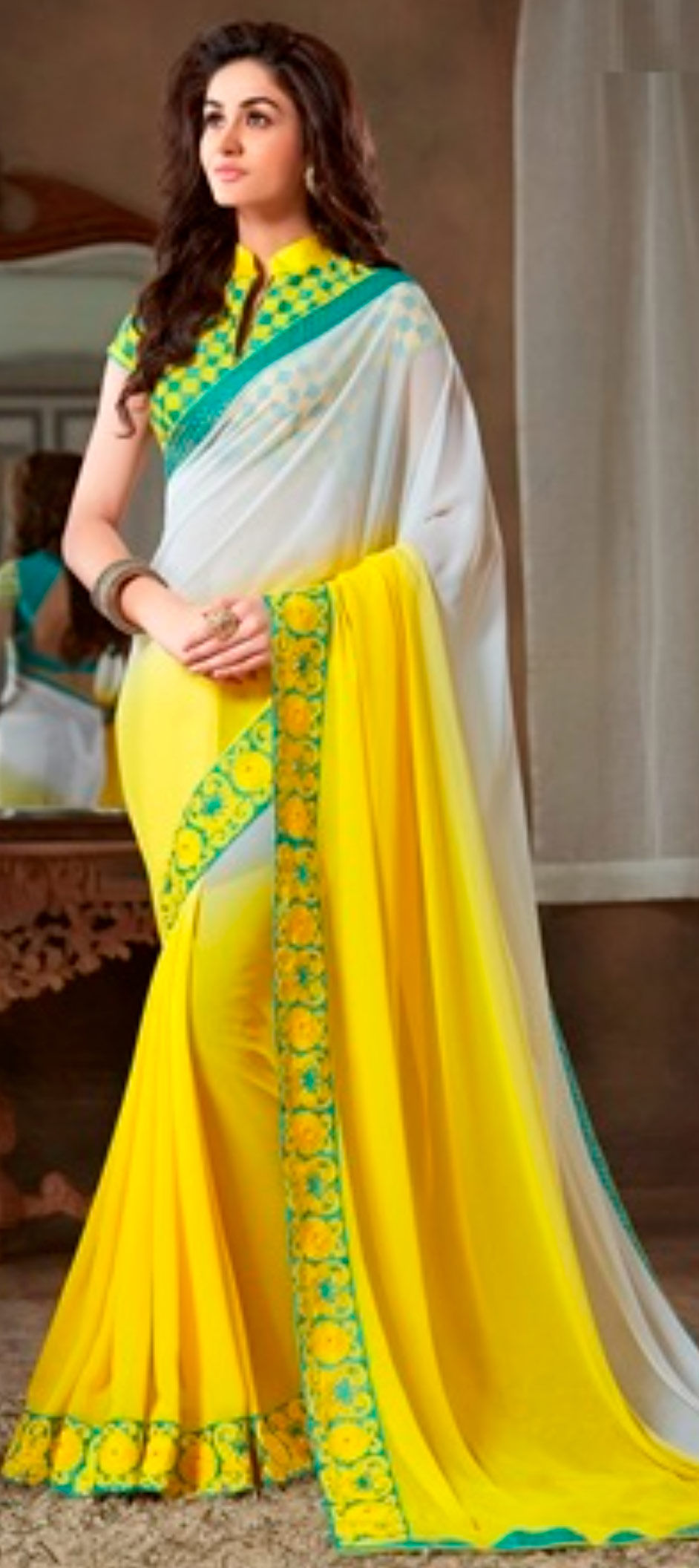 Casual, Party Wear White and Off White, Yellow color Georgette fabric ...