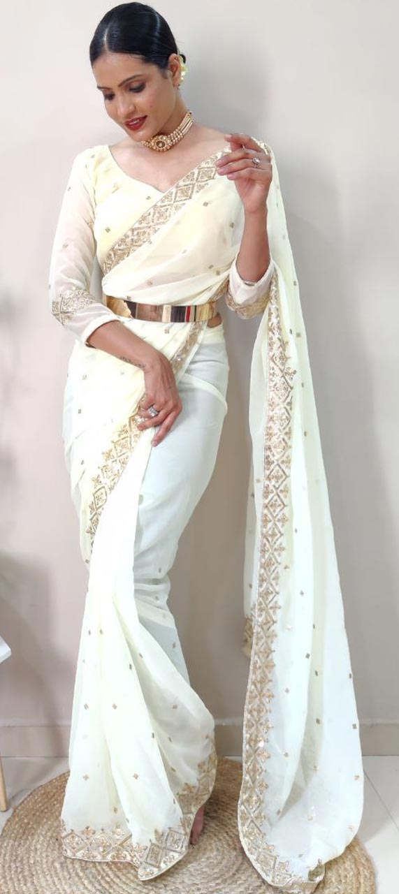 Engagement, Reception, Wedding Beige and Brown color Georgette fabric ...