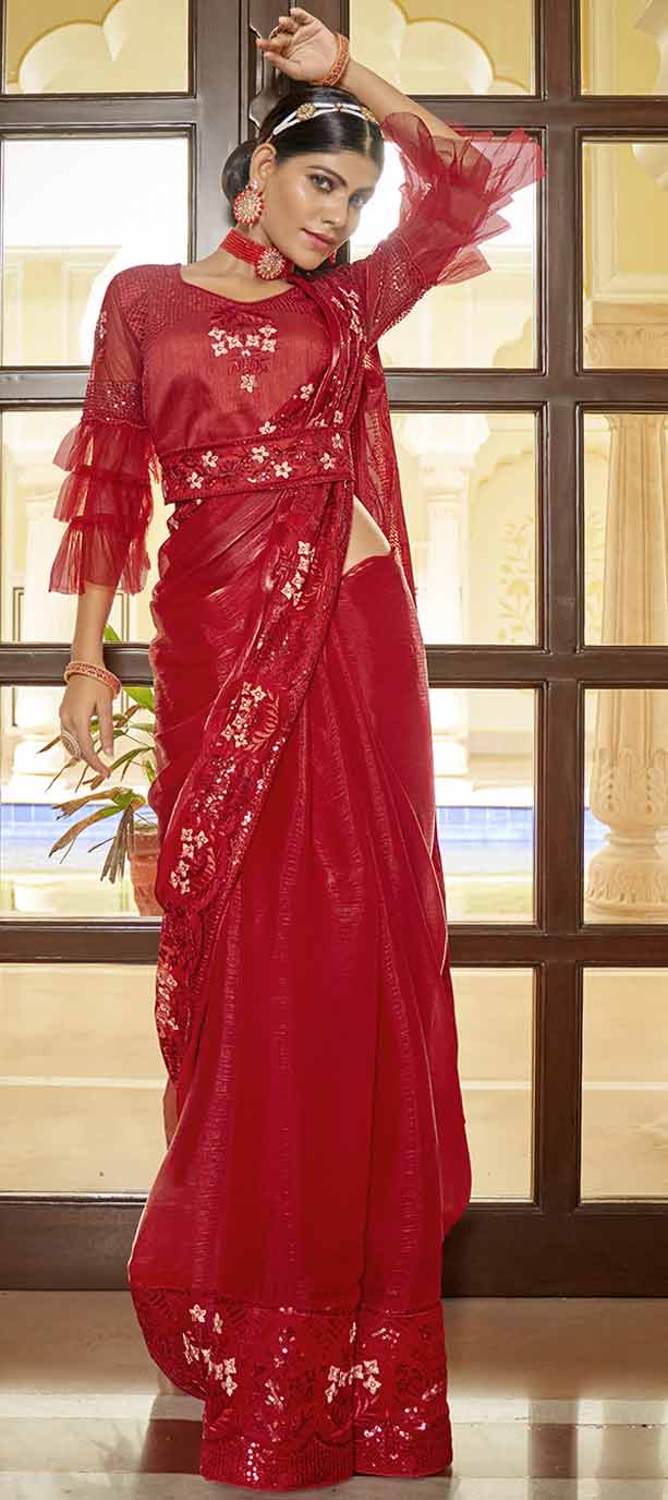 Engagement, Reception, Wedding Red and Maroon color Chiffon fabric ...