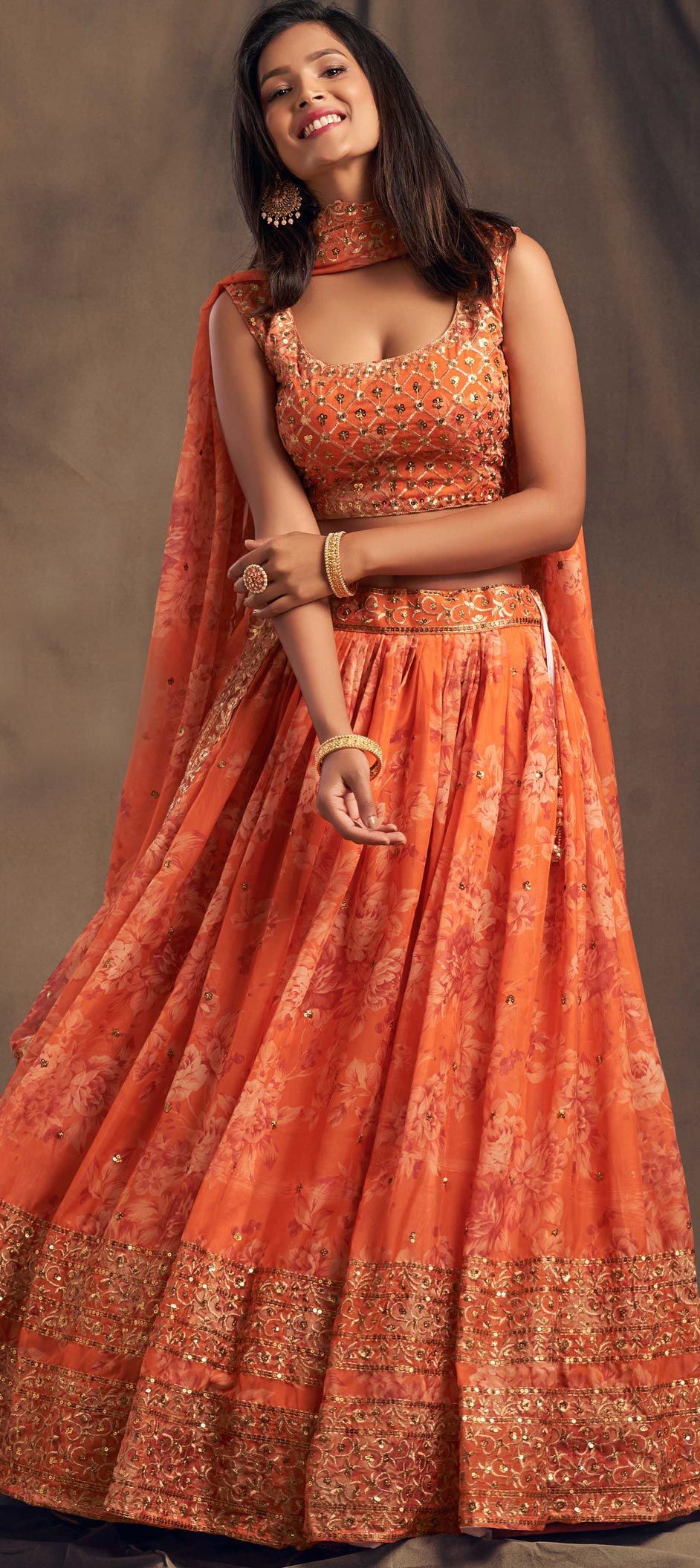 Engagement, Reception, Wedding Orange color Organza Silk fabric Lehenga ...