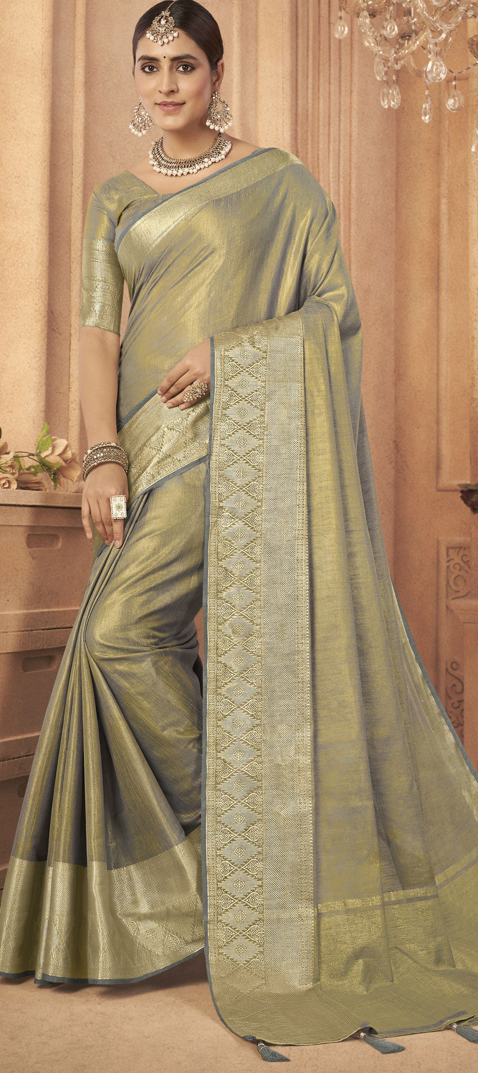 Party Wear, Traditional Gold color Tissue fabric Saree : 1886682