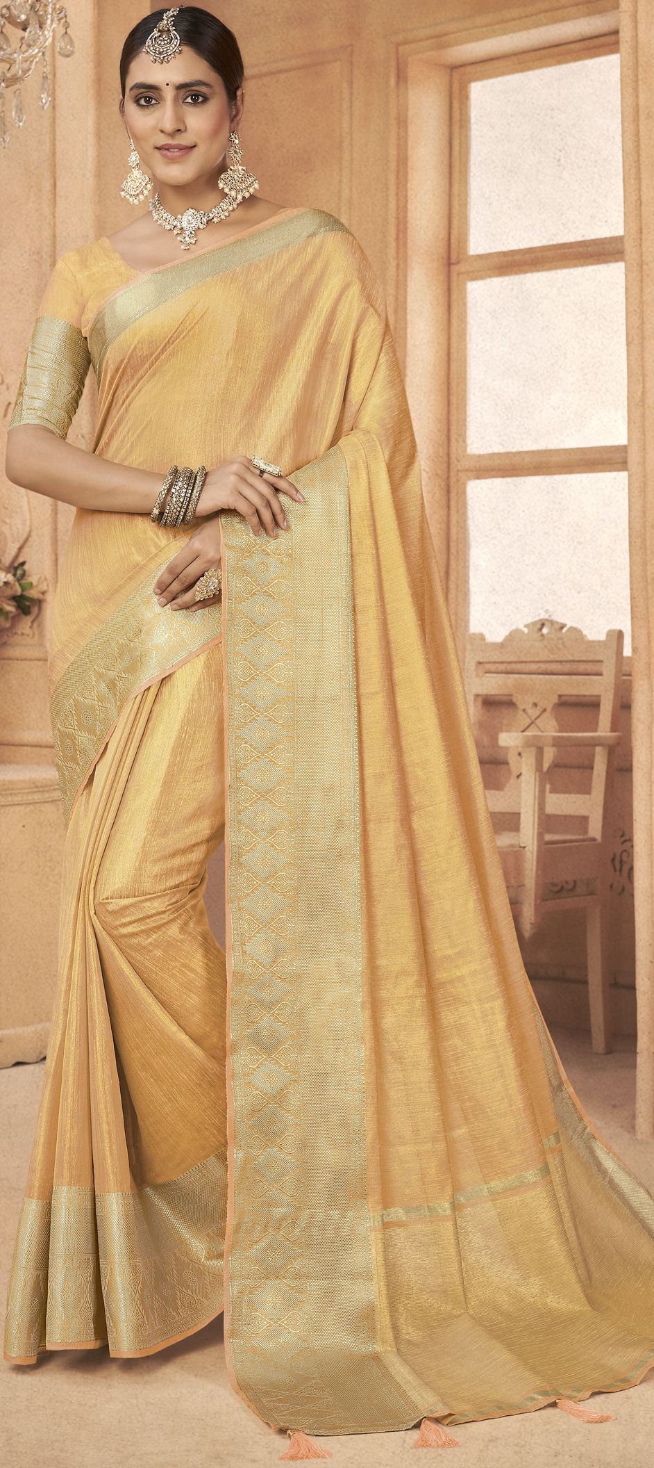 Party Wear, Traditional Yellow color Tissue fabric Saree : 1886687