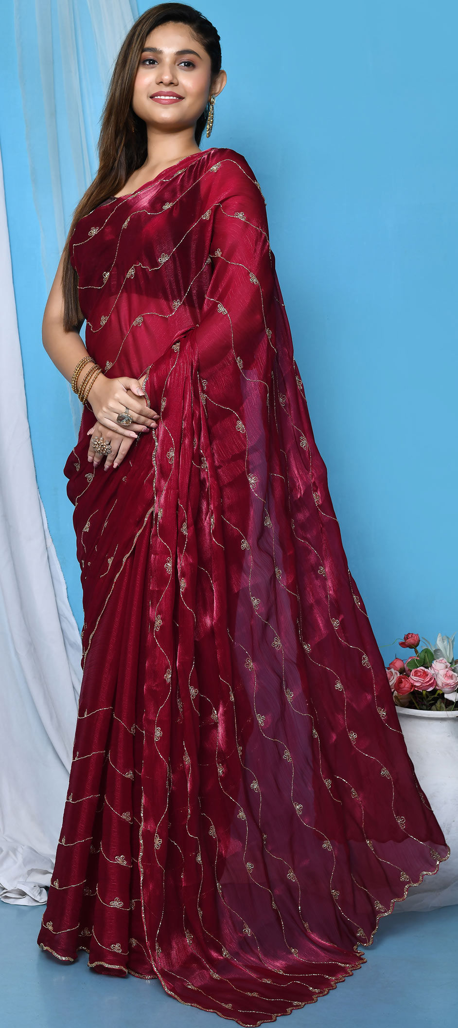 Bridal, Wedding Red and Maroon color Chiffon fabric Saree : 1887551