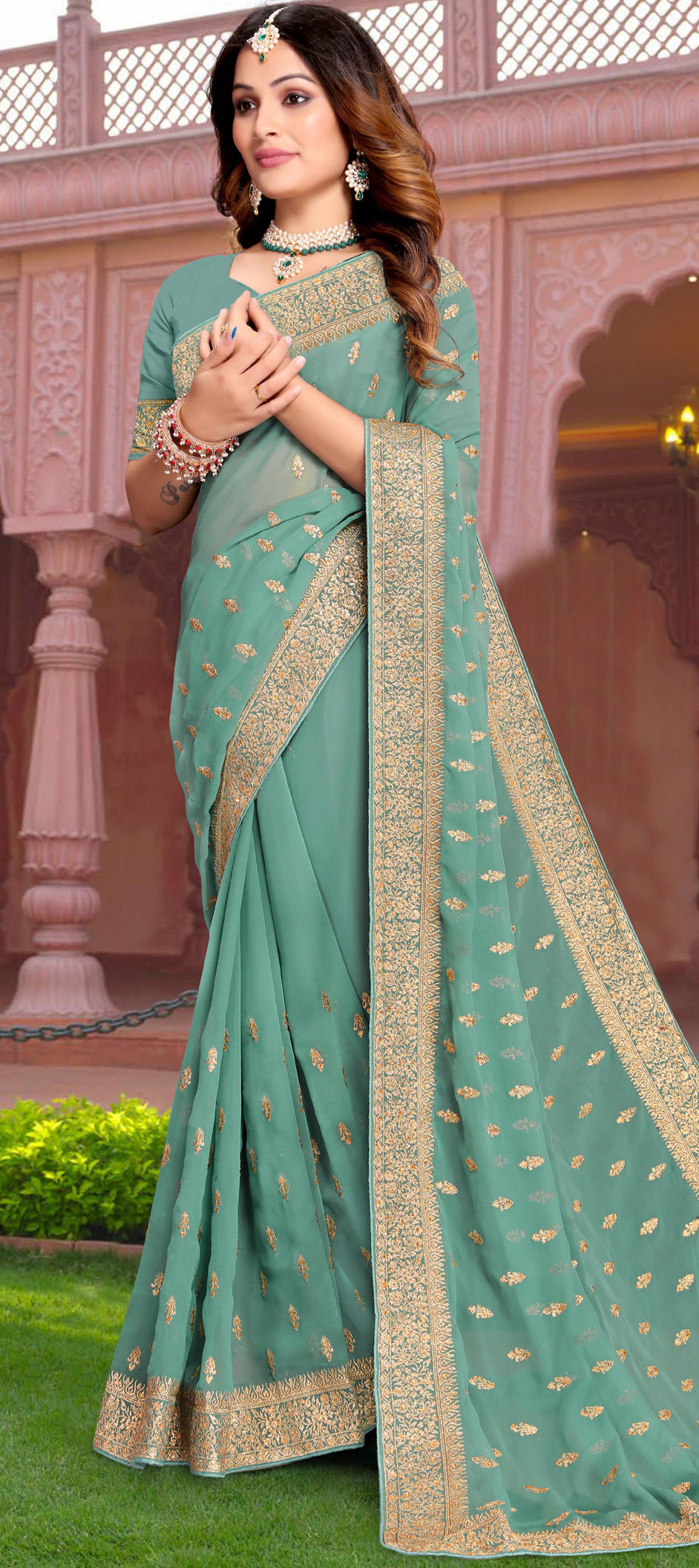 Party Wear, Reception Blue color Georgette fabric Saree : 1887925