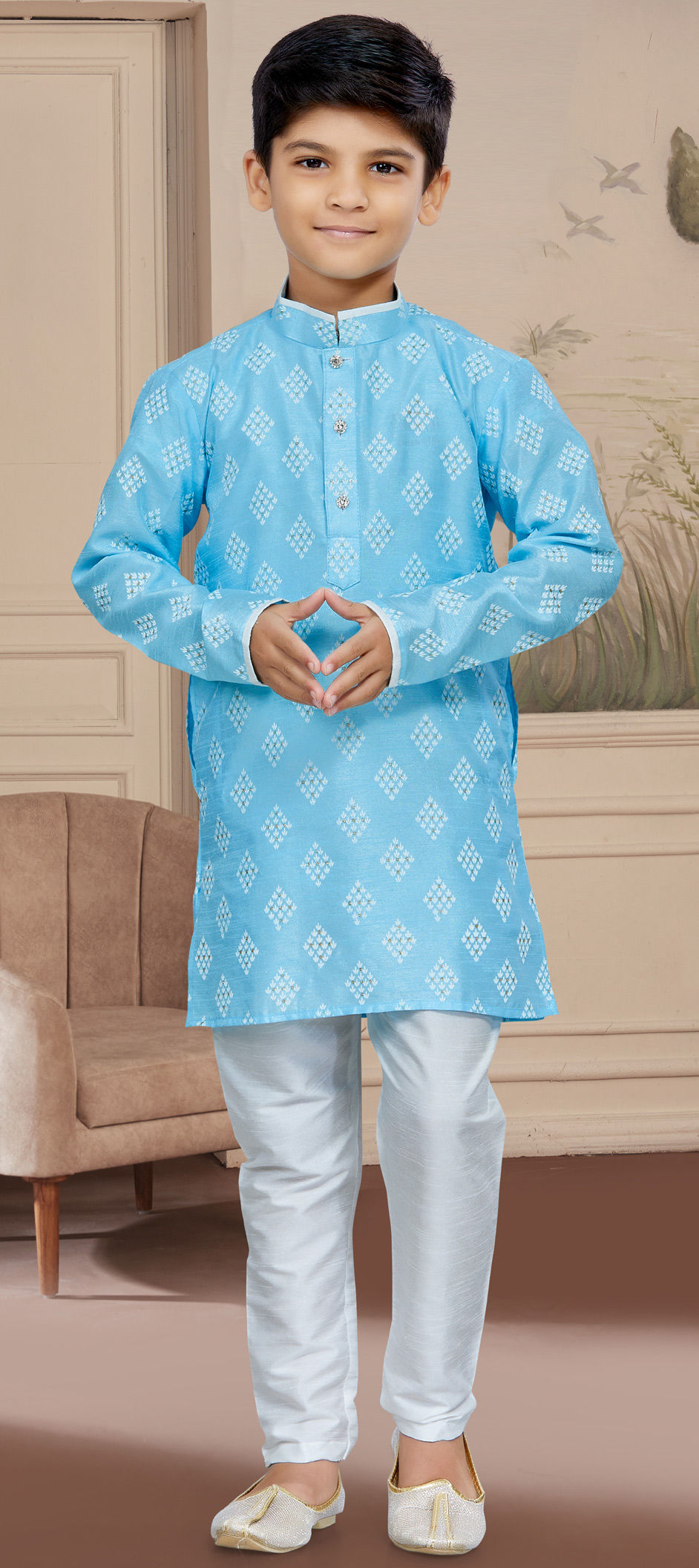 Party Wear Blue color Art Silk fabric Boys Kurta Pyjama : 1888035