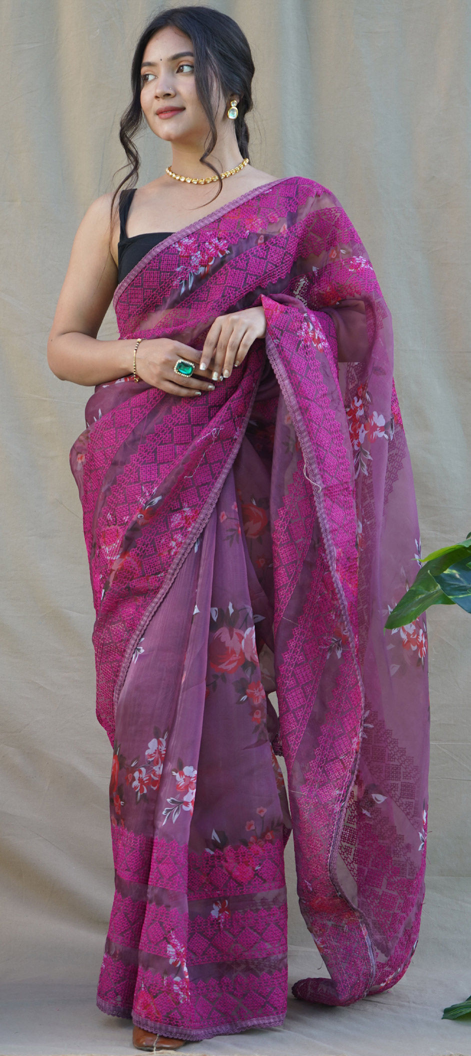 Party Wear, Traditional Pink and Majenta color Organza Silk, Silk ...