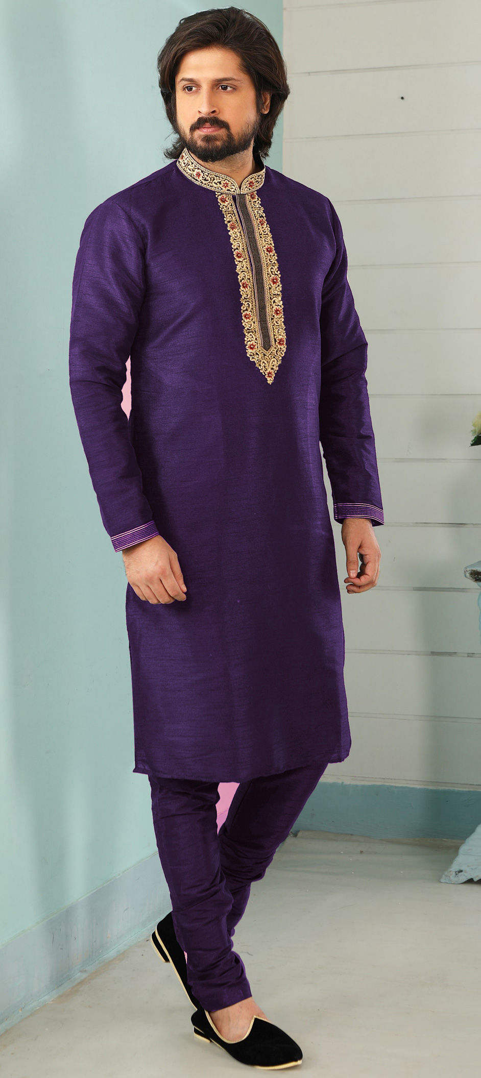 Party Wear Purple and Violet color Dupion Silk fabric Kurta Pyjamas ...
