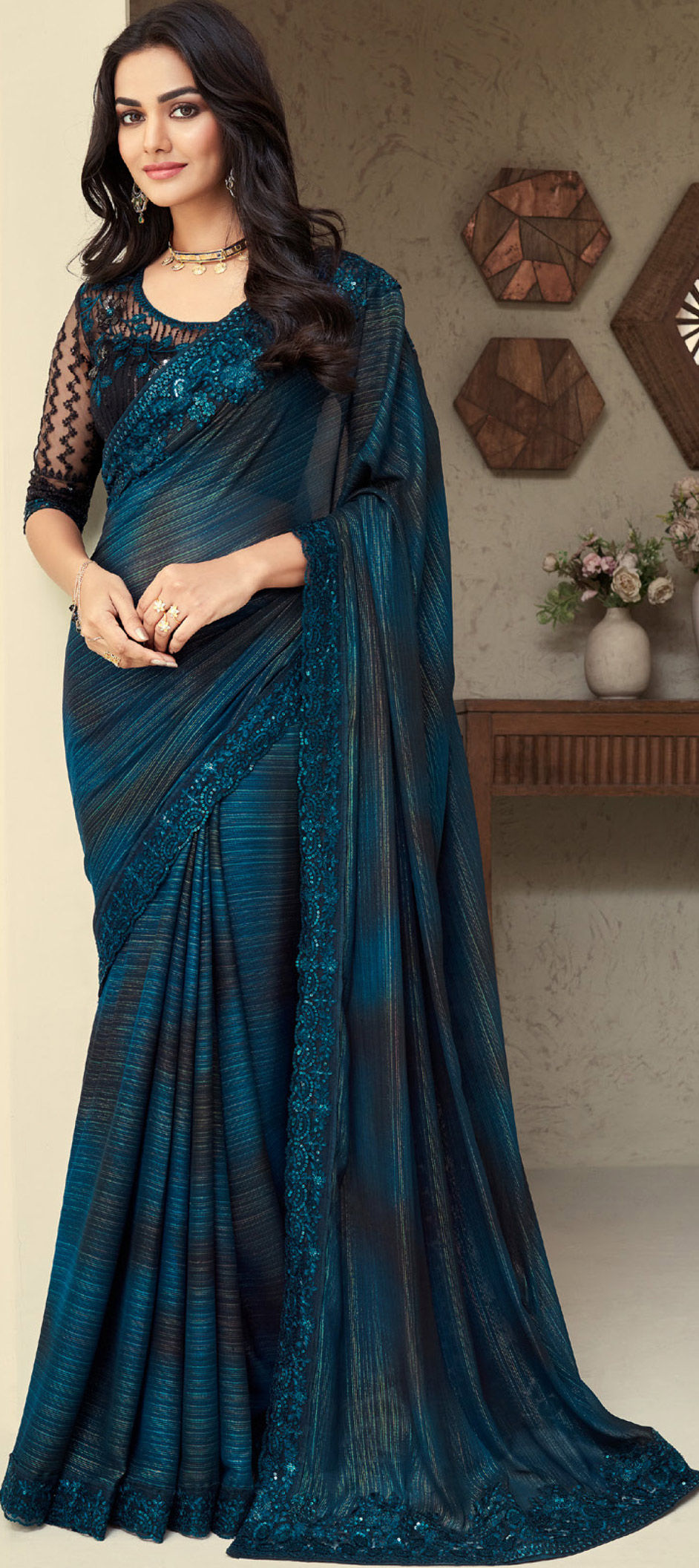 Mehendi Sangeet, Reception Blue color Shimmer fabric Saree : 1893457