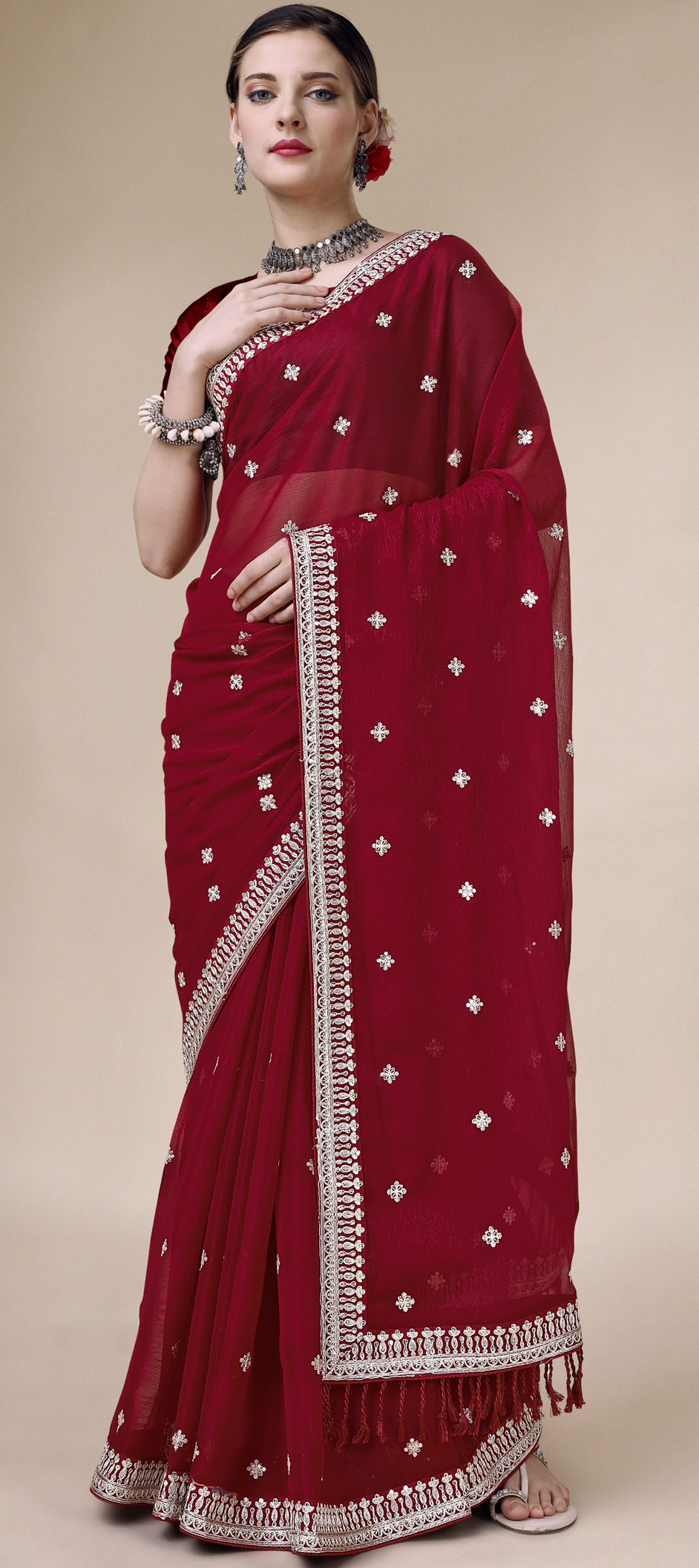 Party Wear Red and Maroon color Shimmer fabric Saree : 1894193