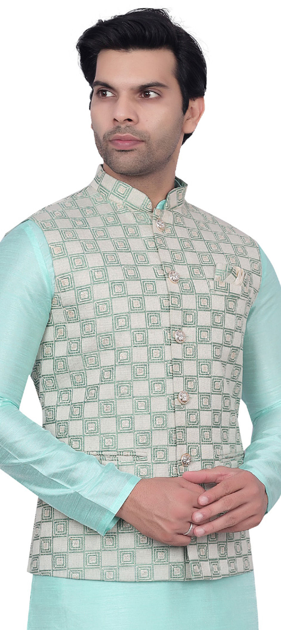 Party Wear White and Off White color Silk fabric Nehru Jacket : 1894235