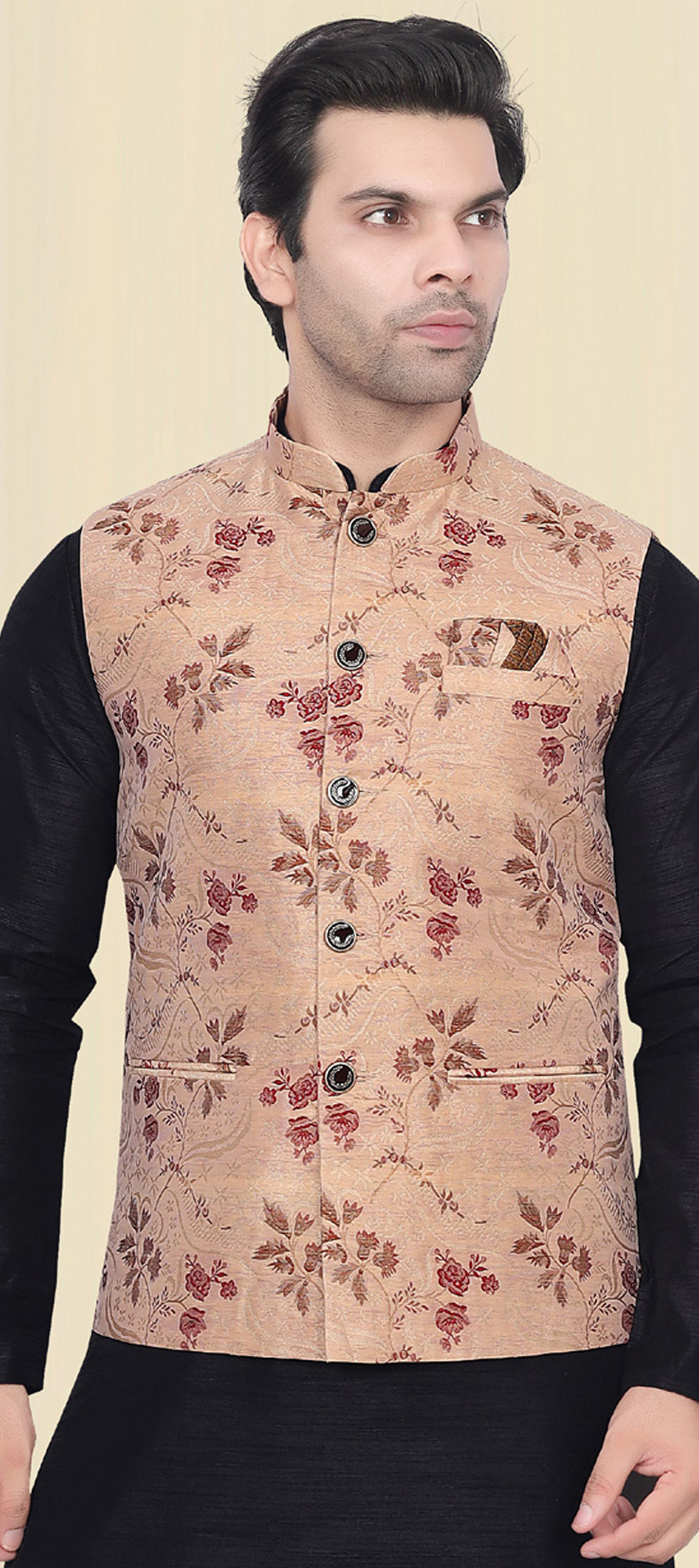 Party Wear Beige and Brown color Jacquard fabric Nehru Jacket : 1894318