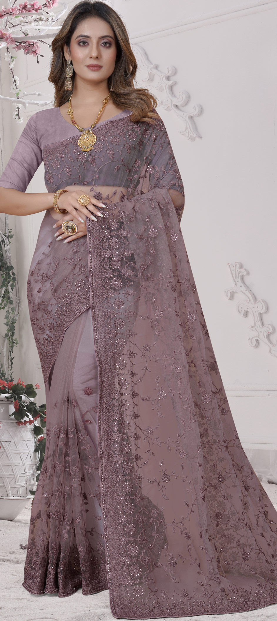 Party Wear, Reception Purple and Violet color Net fabric Saree : 1895024