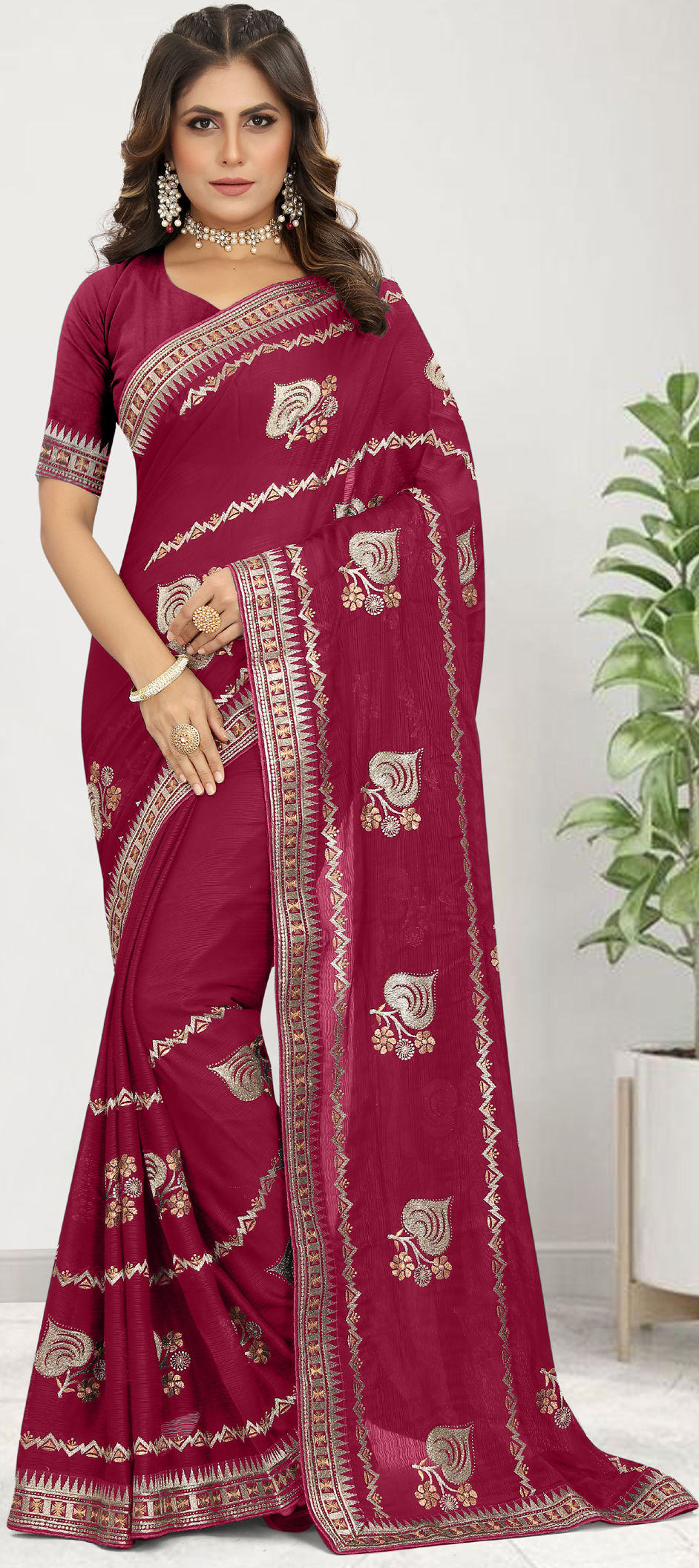 Reception, Wedding Red and Maroon color Chiffon fabric Saree : 1895127