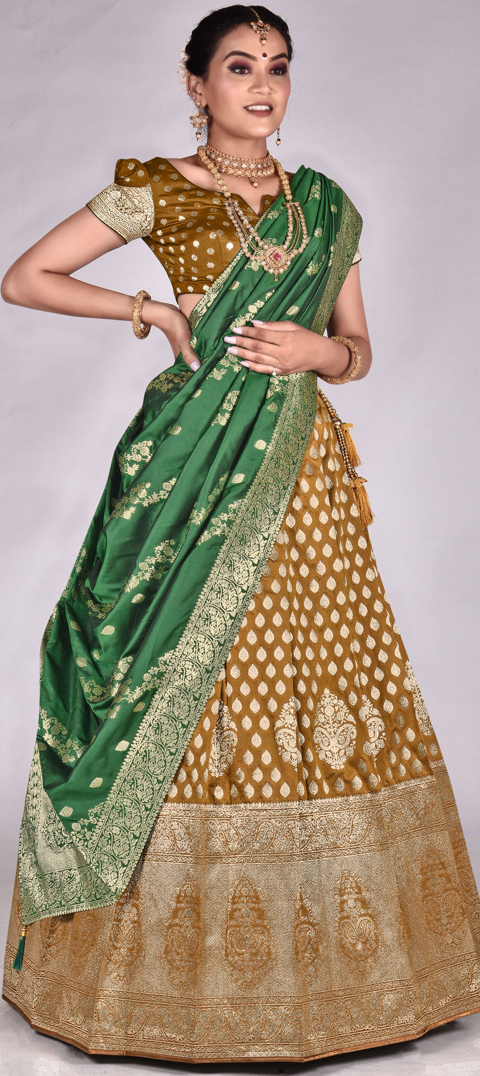 Engagement, Reception, Wedding Gold, Green color Banarasi Silk fabric ...