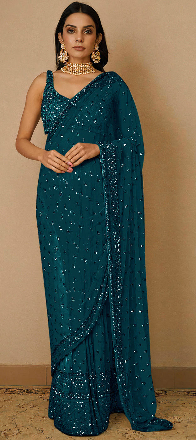 Party Wear, Reception Blue color Net fabric Saree : 1896499