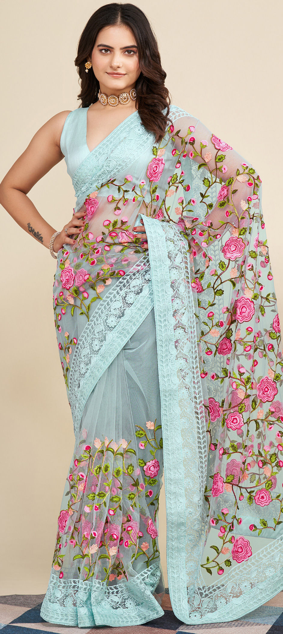 Party Wear, Reception Blue color Net fabric Saree : 1897074