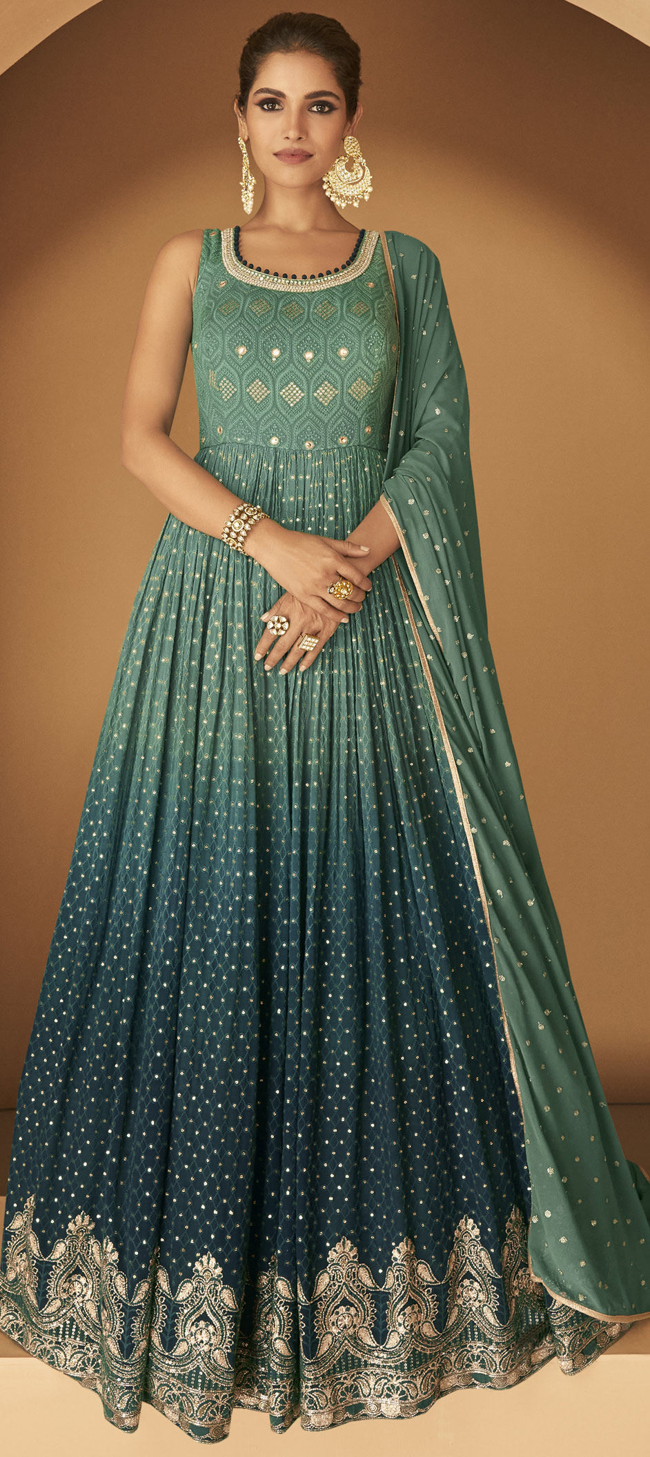 Festive, Party Wear, Reception Green color Georgette fabric Gown : 1898803