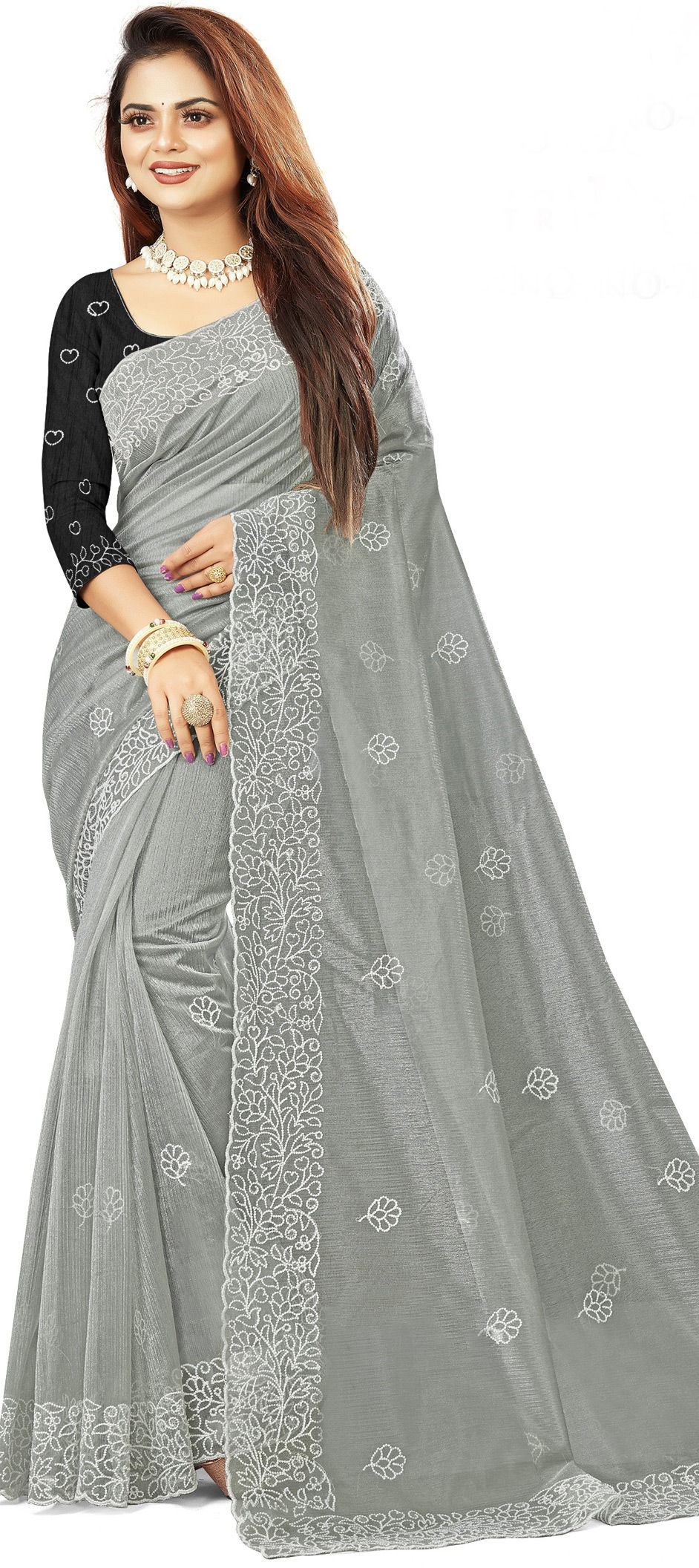 Festive, Reception Black and Grey color Net fabric Saree : 1898855
