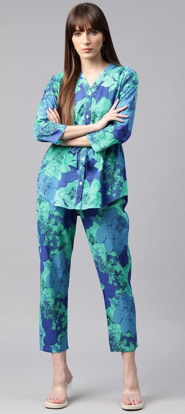 Casual, Summer Blue, Green color Cotton fabric Co-ords Set : 1899901