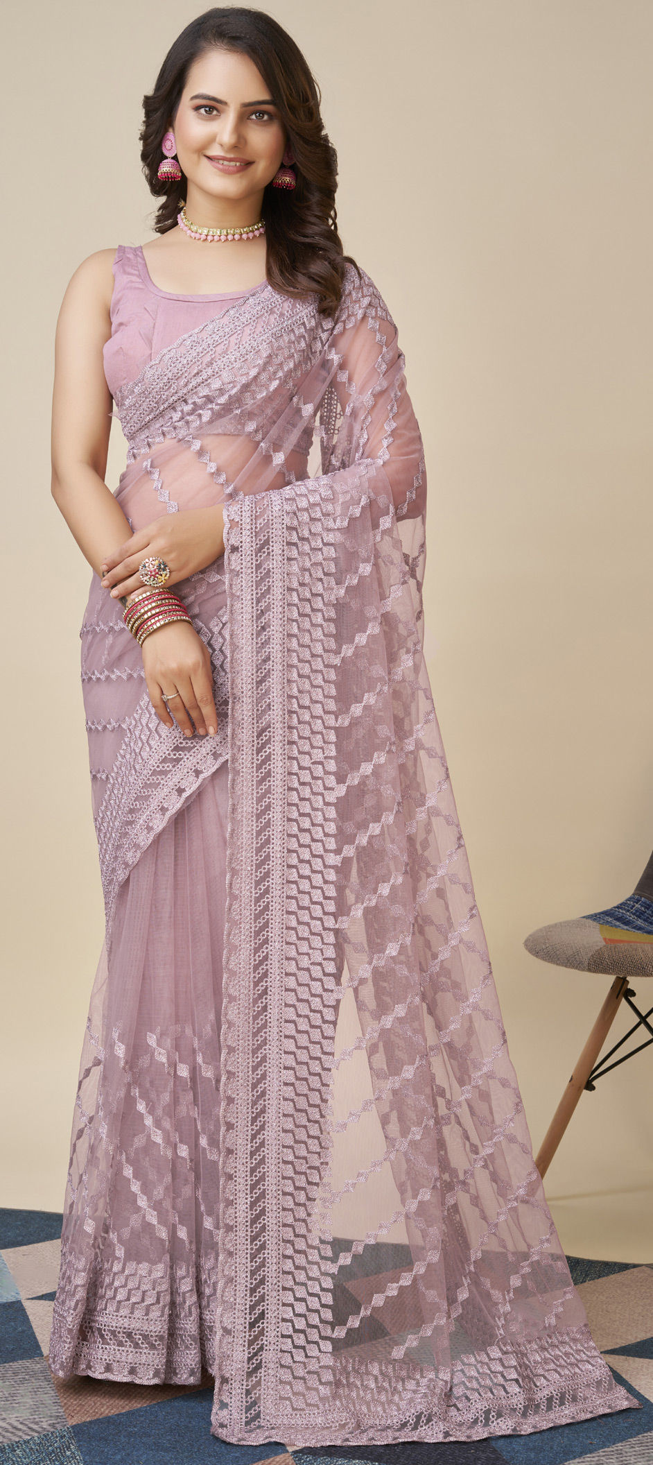 Festive, Reception Purple and Violet color Net fabric Saree : 1900140