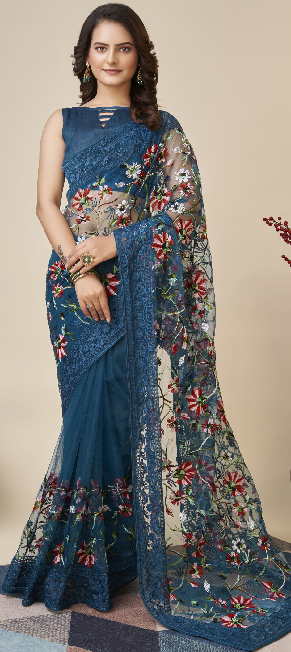 Festive, Party Wear, Reception Blue color Net fabric Saree : 1900147