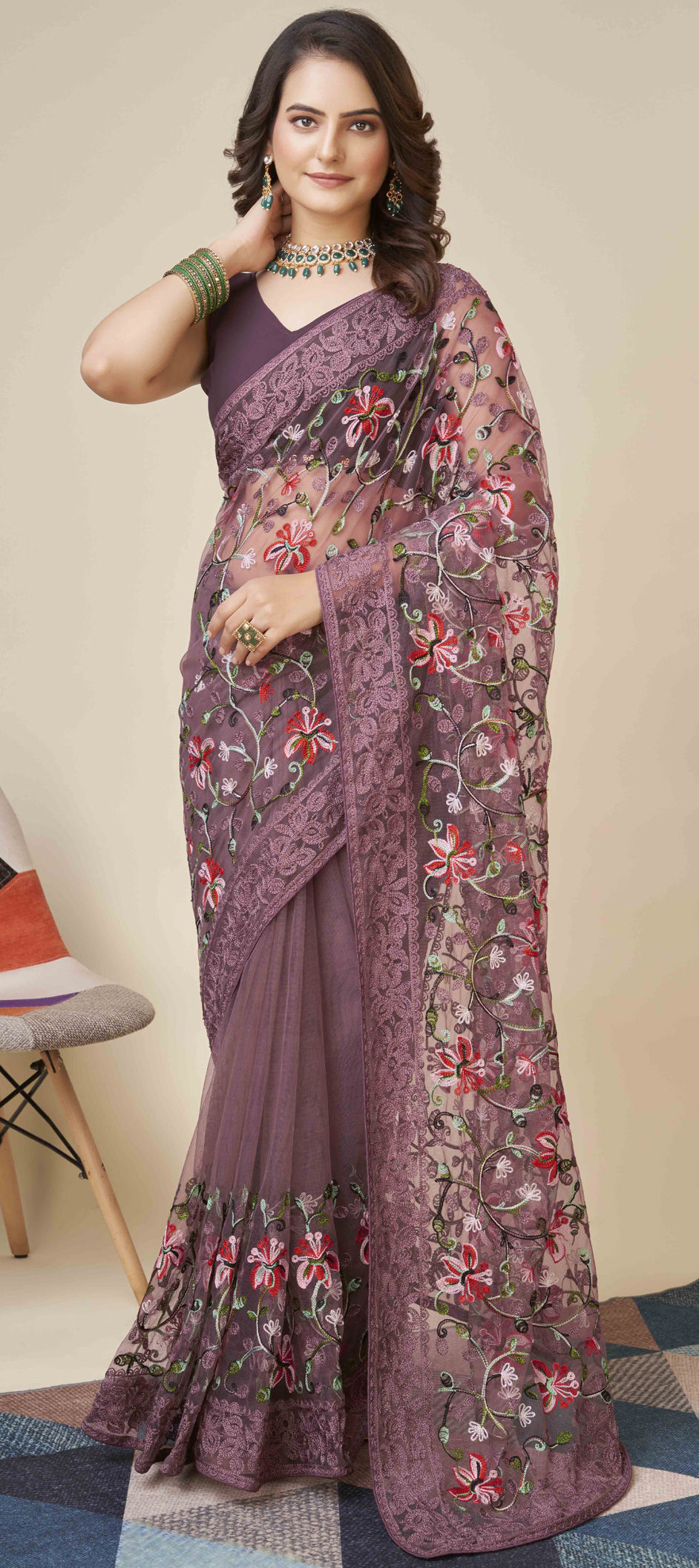Festive, Reception Purple and Violet color Net fabric Saree : 1900781
