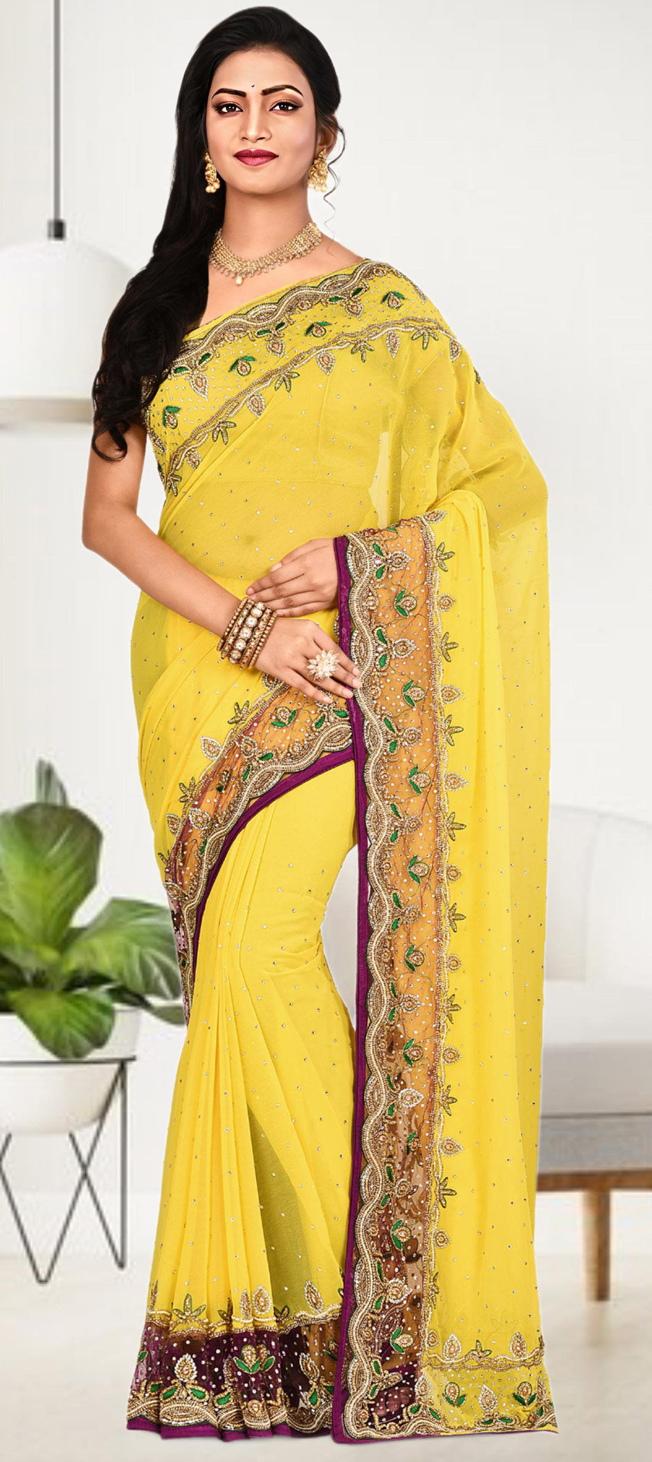 Bridal, Mehendi Sangeet, Wedding Yellow color Georgette fabric Saree ...