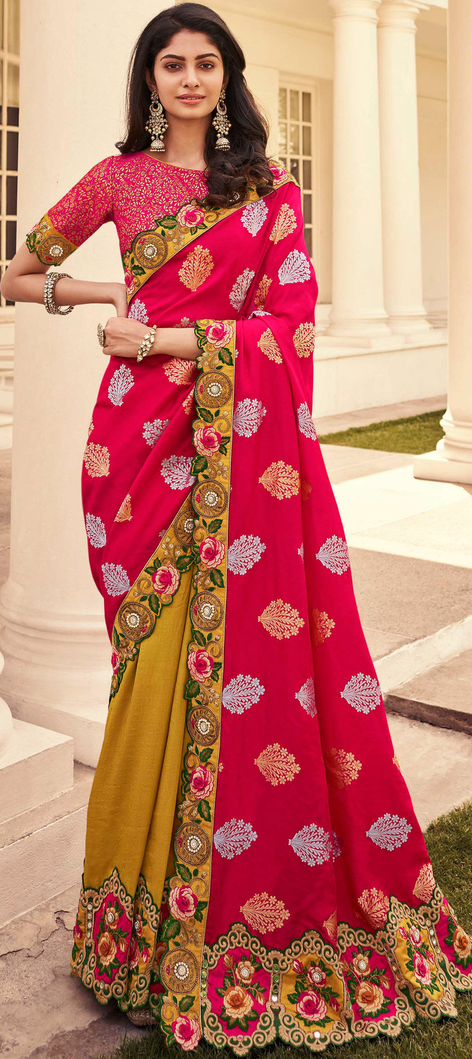 Bridal, Reception, Wedding Red and Maroon, Yellow color Silk fabric ...