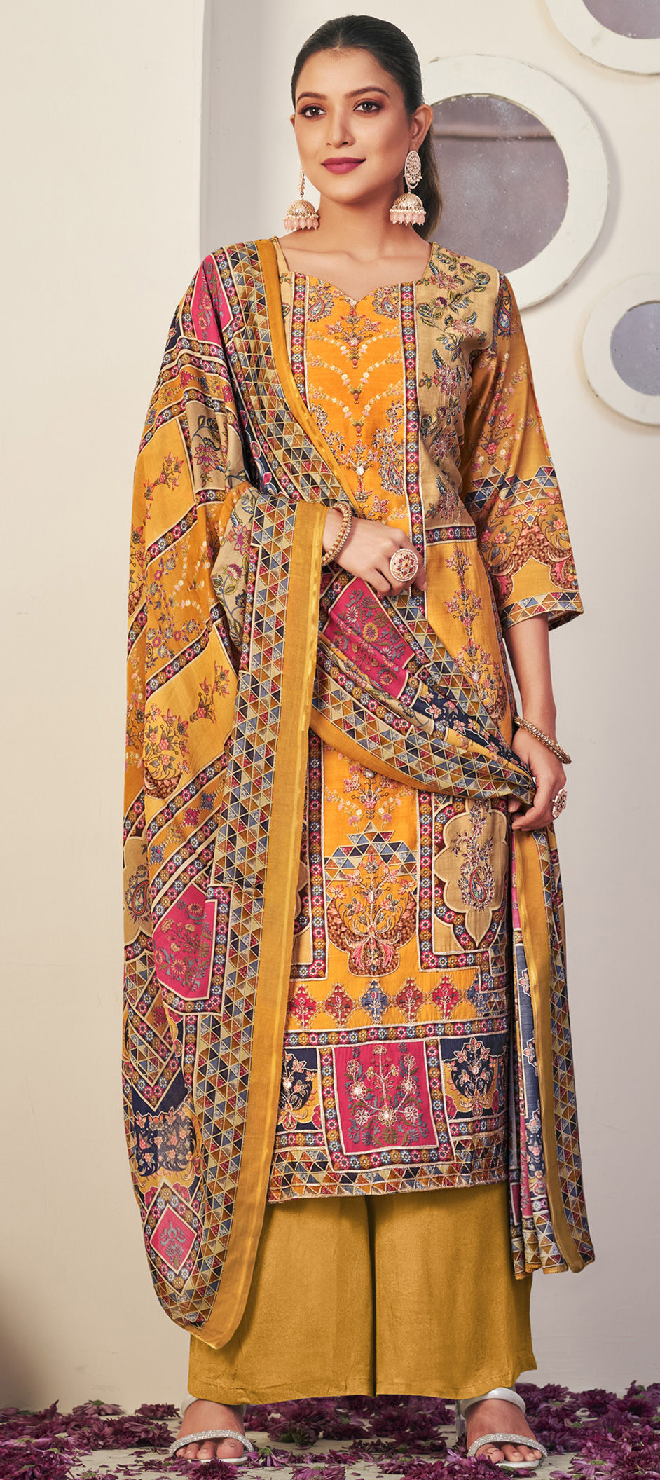 Festive, Party Wear, Reception Yellow color Muslin fabric Salwar Kameez ...