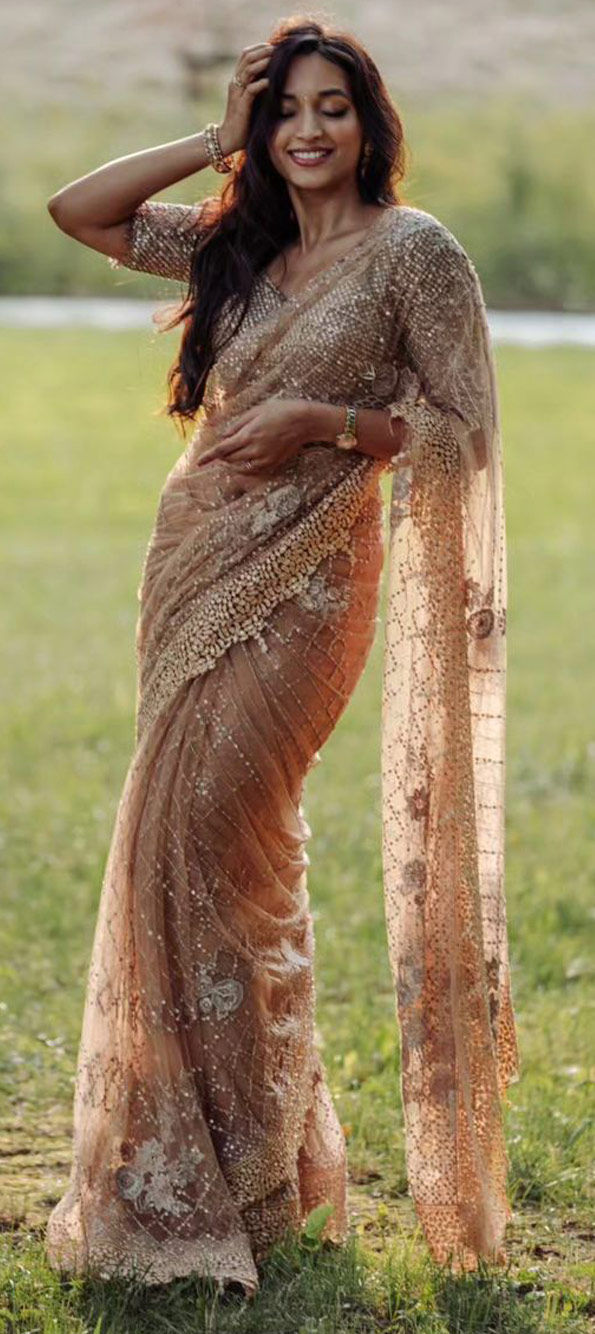 Festive, Party Wear, Reception Beige and Brown color Net fabric Saree ...