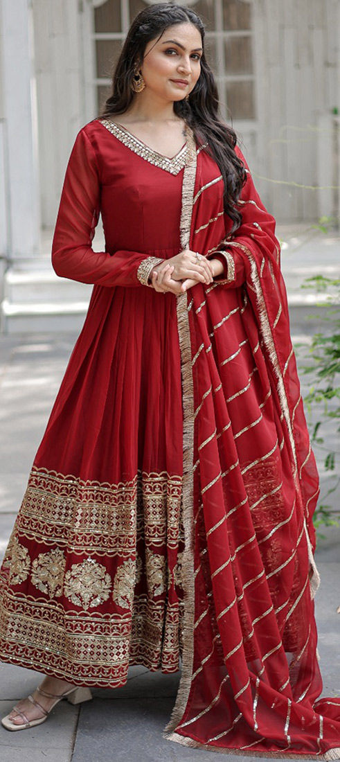 Party Wear, Reception Red and Maroon color Georgette fabric Gown : 1902280