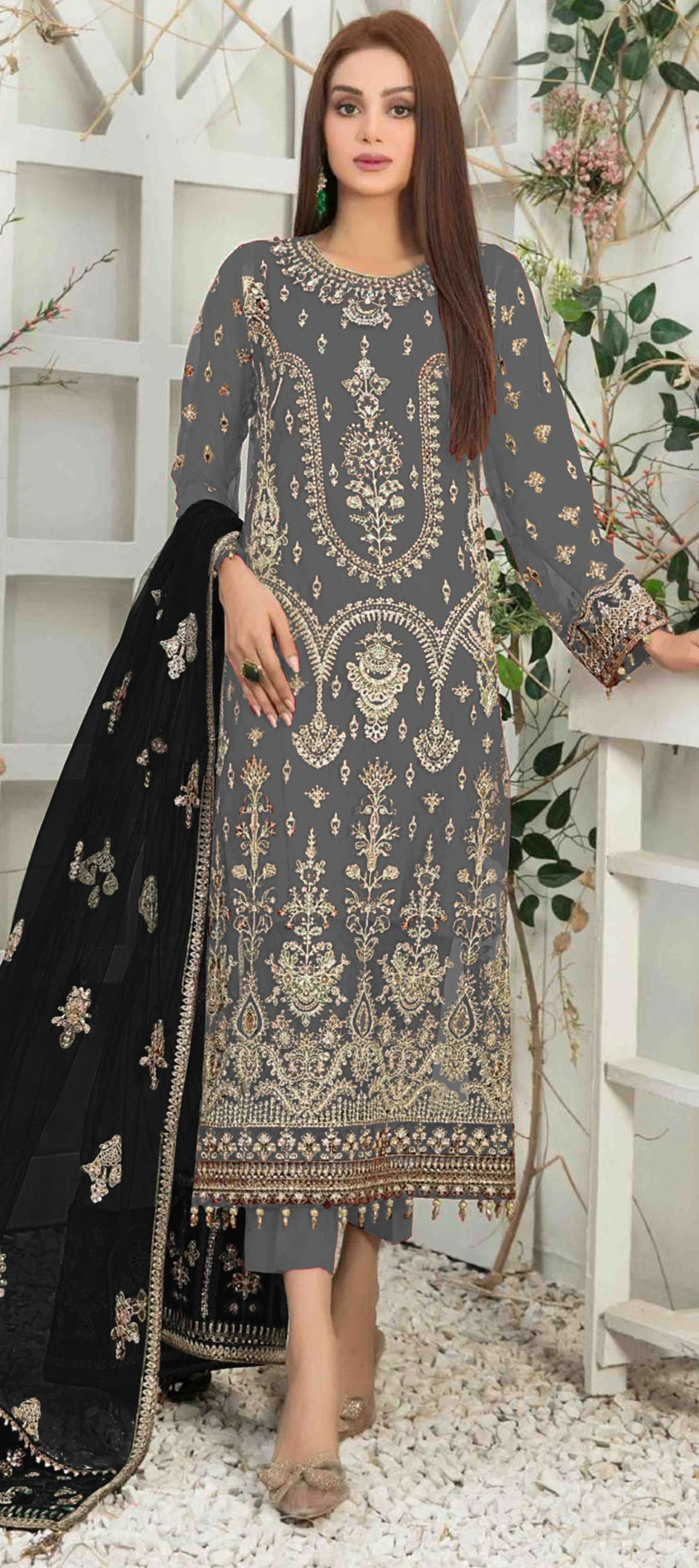 Festive, Party Wear, Reception Black and Grey color Faux Georgette ...