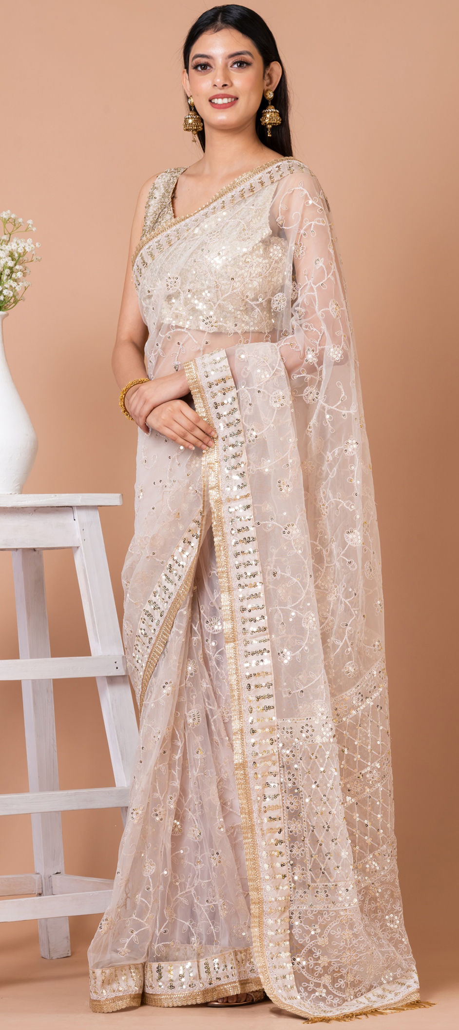 Festive, Party Wear, Reception White and Off White color Net fabric ...