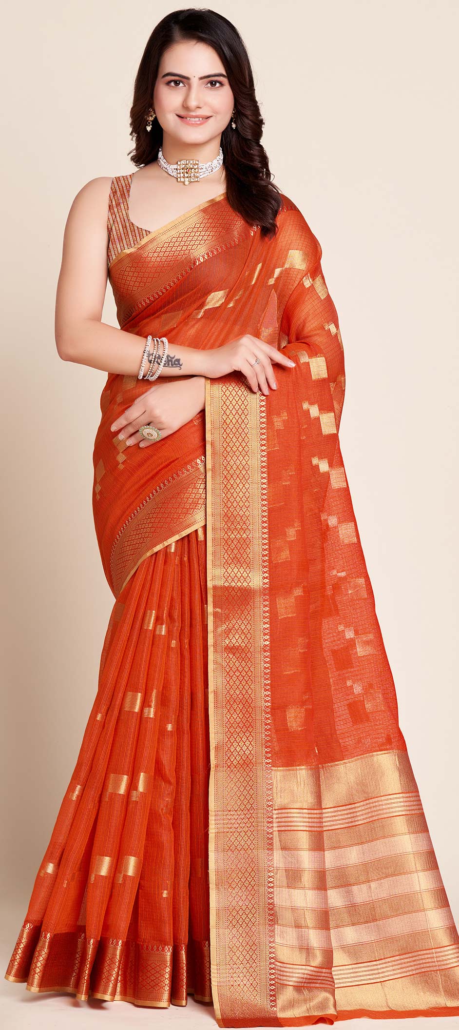 Party Wear, Traditional Orange color Kota Doria Silk fabric Saree : 1904314