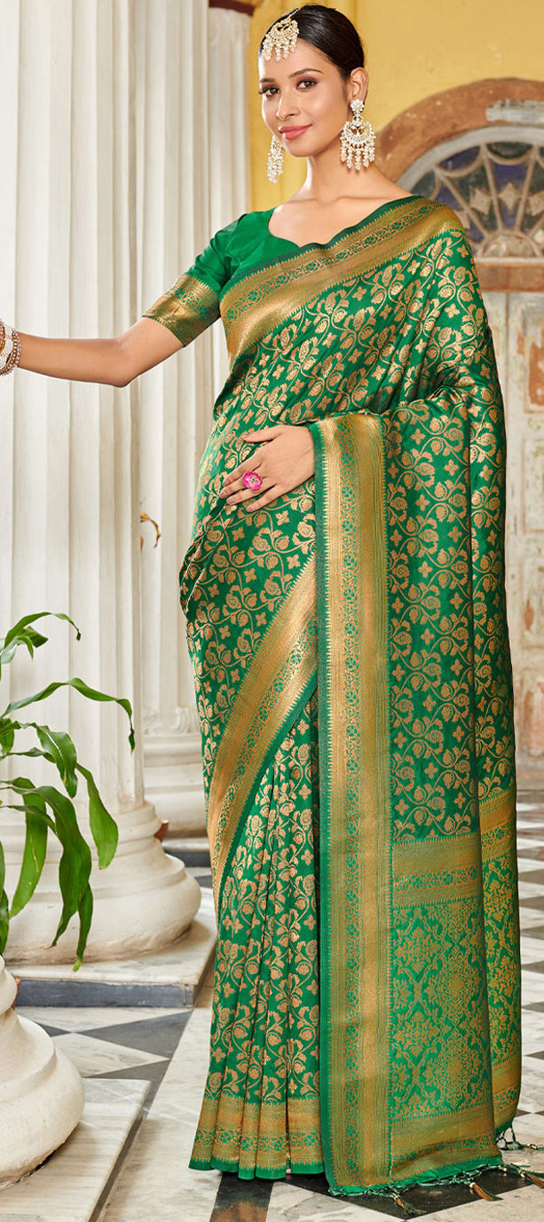 Party Wear, Traditional Green color Banarasi Silk, Silk fabric Saree ...