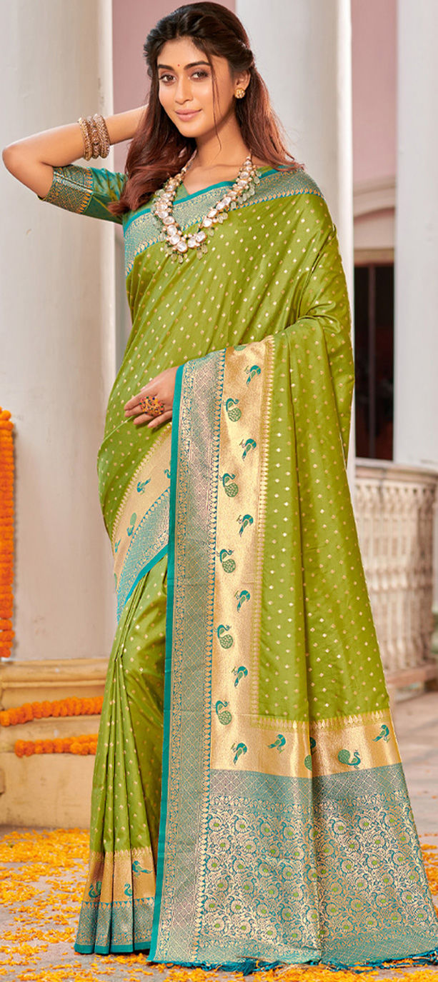Party Wear, Traditional Green color Banarasi Silk, Silk fabric Saree ...