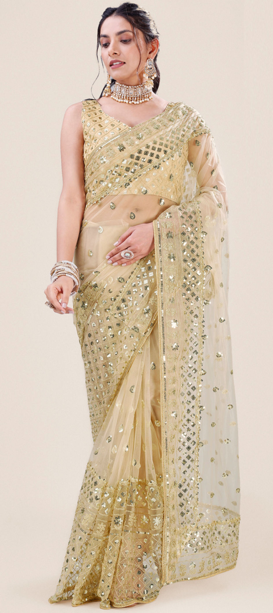 Festive, Mehendi Sangeet, Party Wear, Reception Gold color Net fabric ...