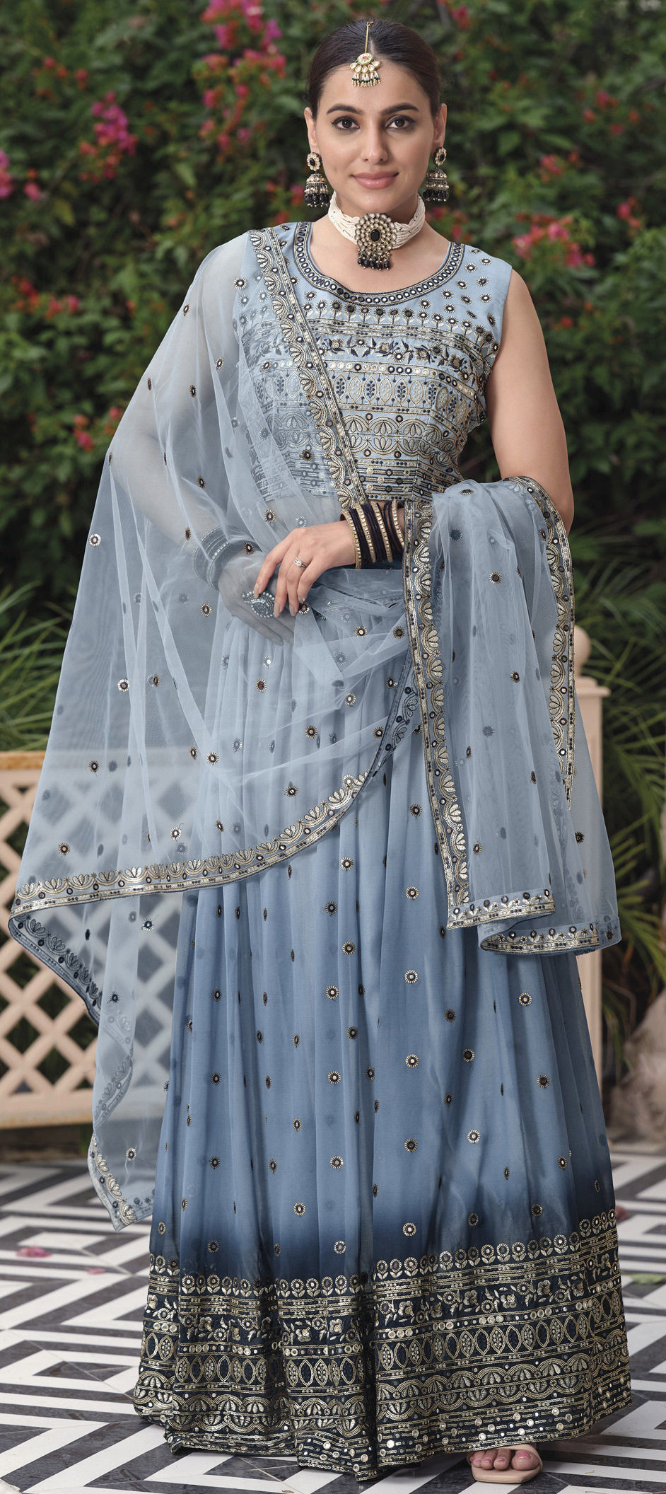 Engagement, Reception, Wedding Black and Grey color Georgette fabric ...