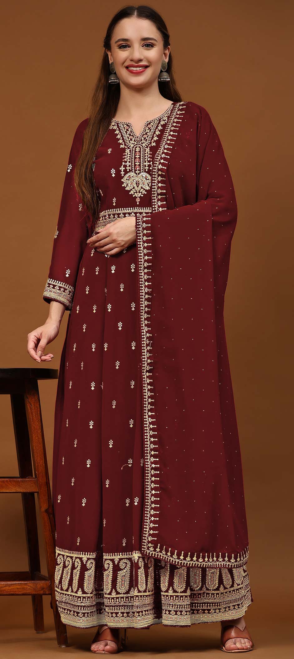 Festive, Reception, Wedding Red and Maroon color Georgette fabric ...