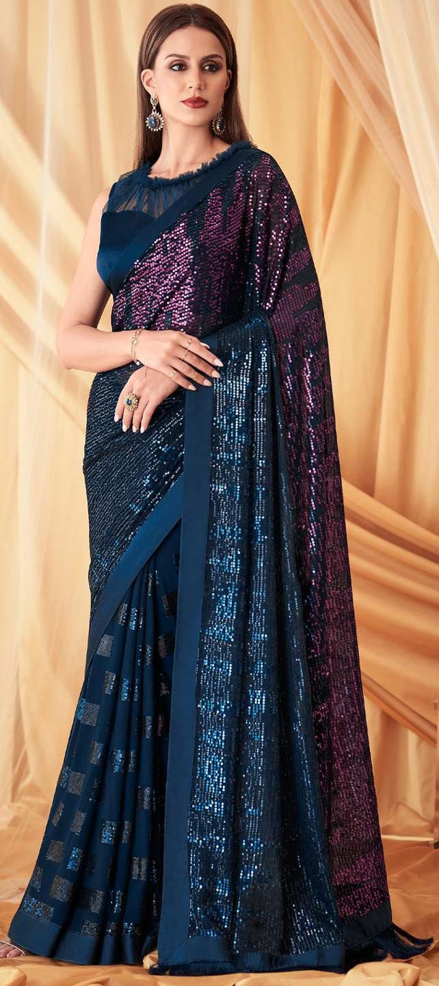 Engagement, Reception, Wedding Blue color Georgette fabric Saree : 1905748