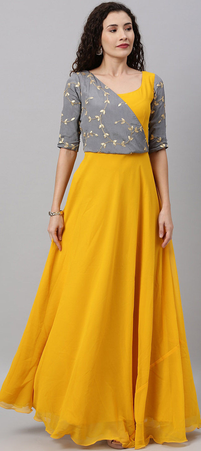 Festive, Reception, Wedding Yellow color Georgette fabric Gown : 1906142