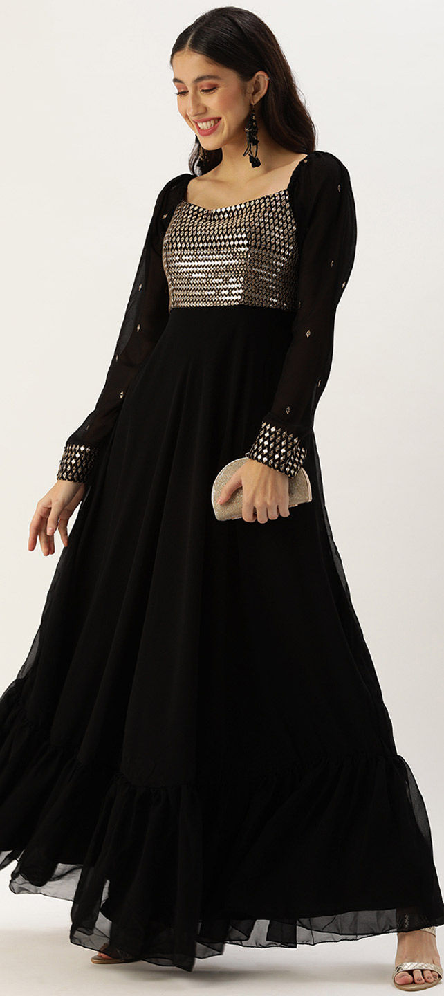 Reception, Wedding Black and Grey color Net fabric Gown : 1906197