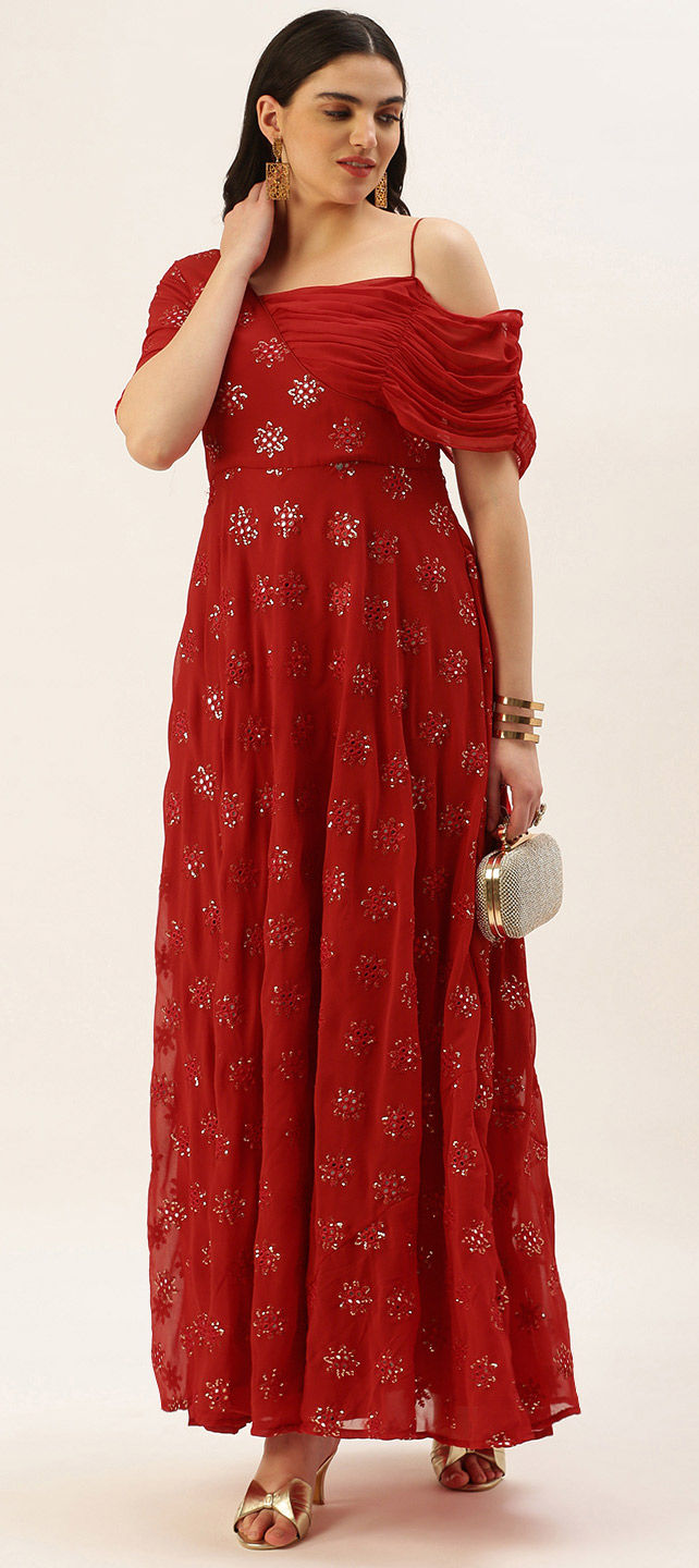 Reception, Wedding Red and Maroon color Georgette fabric Gown : 1906213