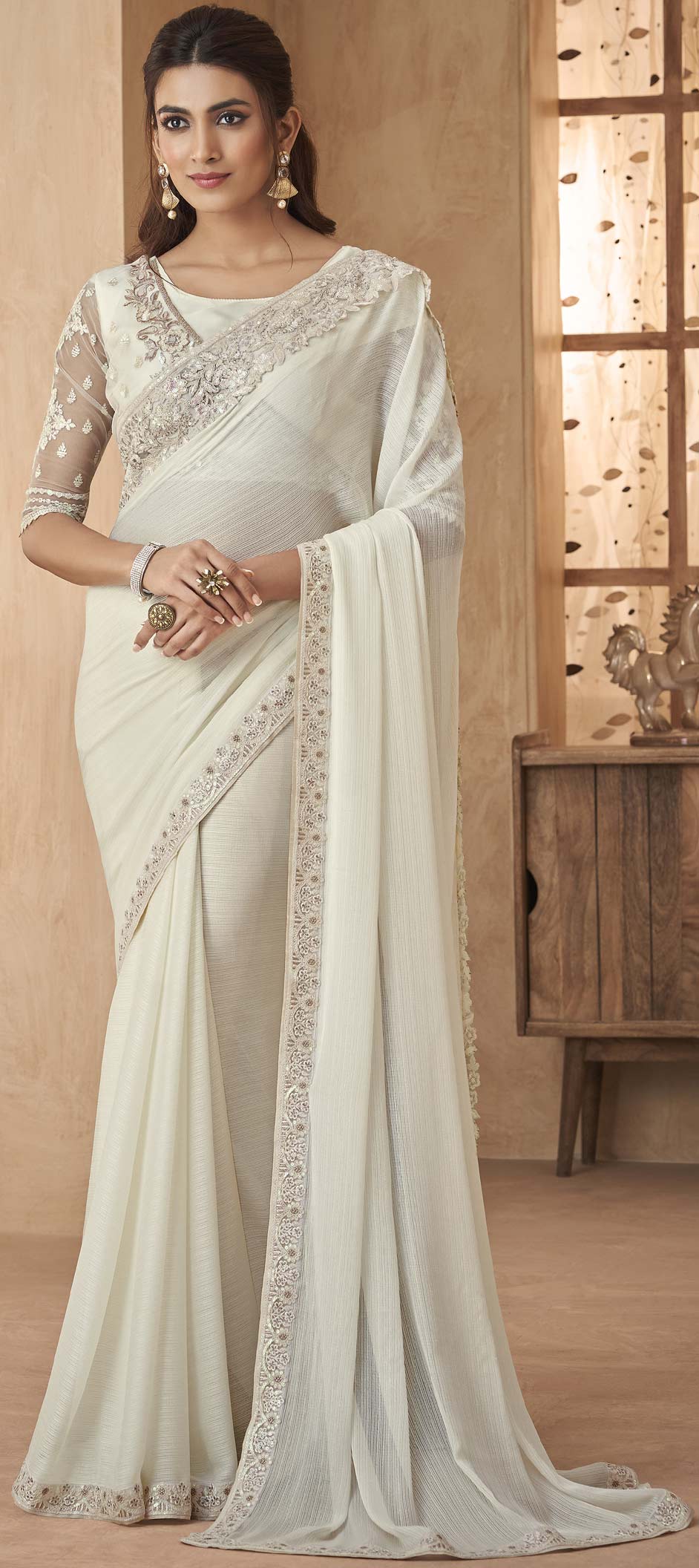 Festive, Reception, Wedding White and Off White color Chiffon, Satin ...