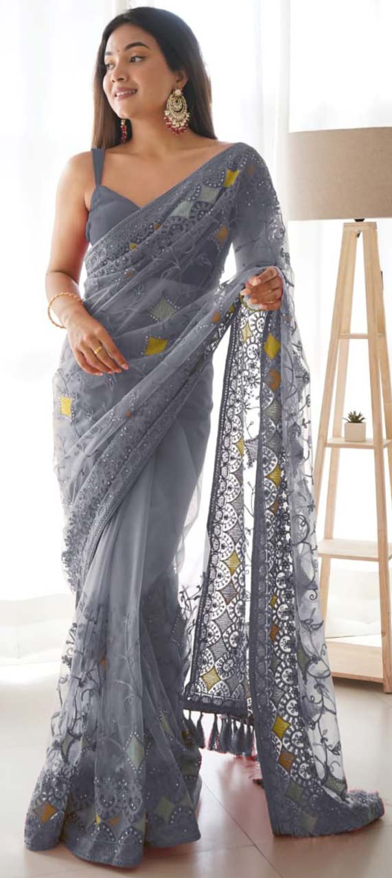 Festive, Reception, Wedding Black and Grey color Net fabric Saree : 1906738