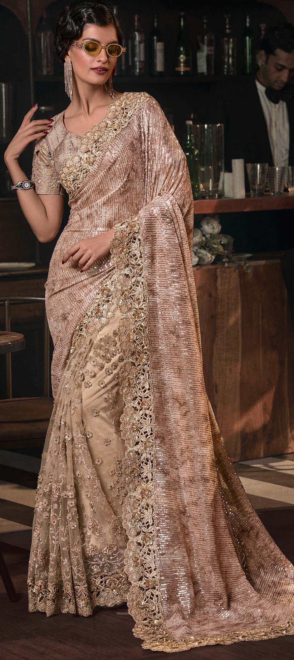 Bridal, Mehendi Sangeet, Wedding Beige and Brown color Lycra, Net ...
