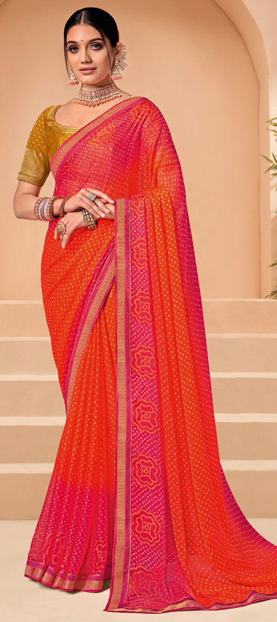 Festive, Reception Orange, Pink and Majenta color Chiffon fabric Saree ...