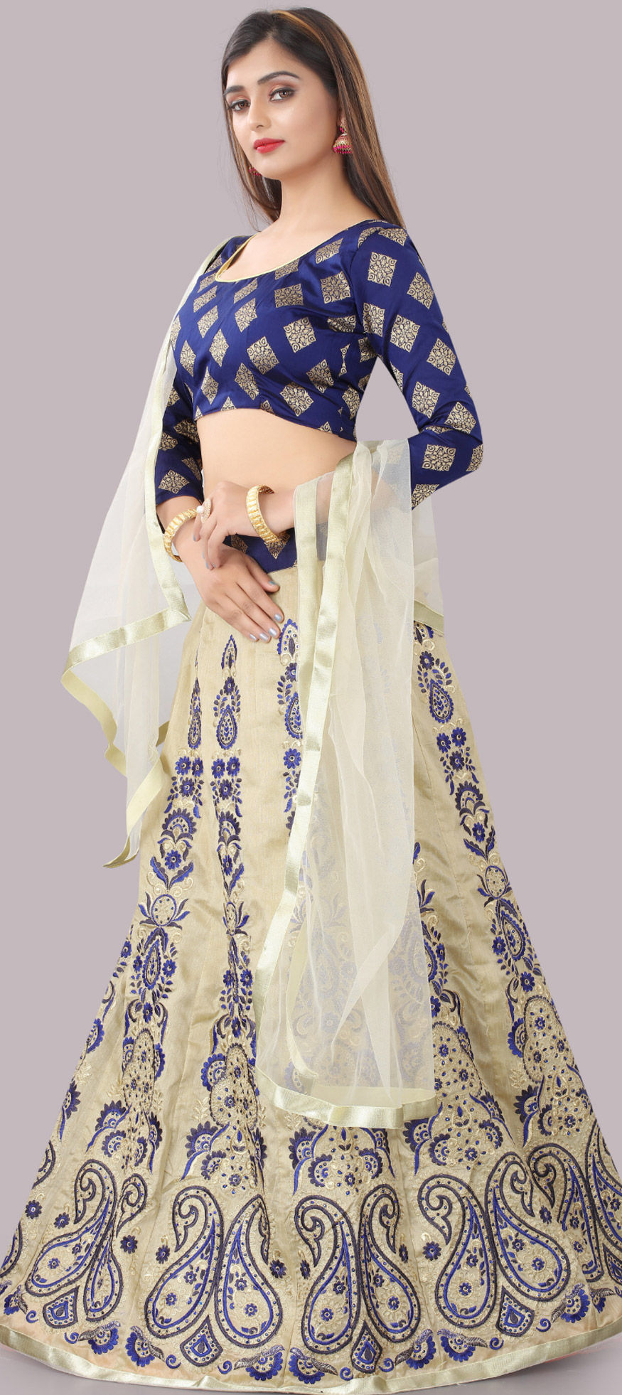 Festive, Reception Beige and Brown, Blue color Blended fabric Lehenga ...